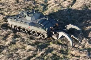 Pearson Engineering remote mine-clearance system ploughs on